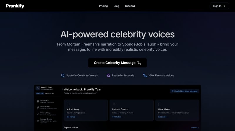 Prankify AI 提供基于人工智能的名人语音生成服务，用户可以让名人说出任何他们想说的话。-SOAI.IM