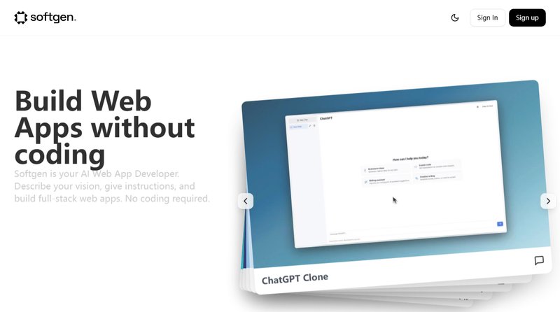 Softgen是一个无需编码的AI Web应用构建工具，帮助用户快速构建全栈Web应用。-SOAI.IM