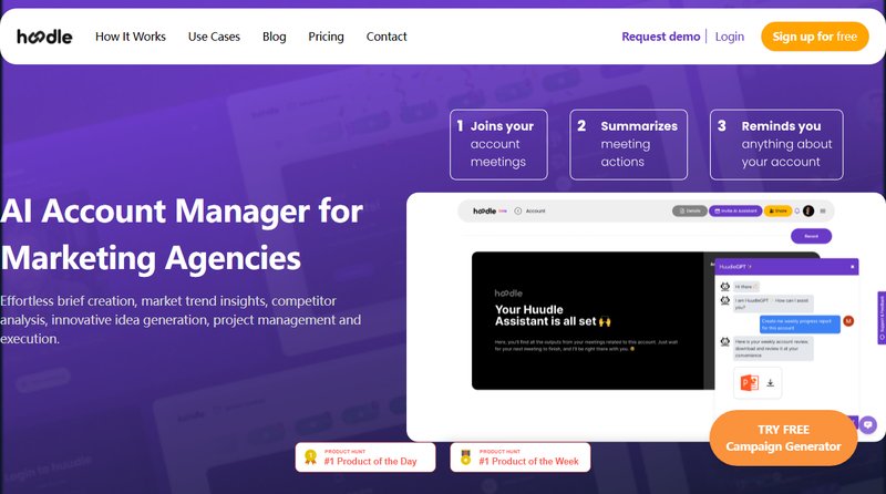 Huudle是一款专为营销机构设计的AI账户管理助手，提供高效的简报创建、市场趋势洞察、竞争对手分析、创新想法生成、项目管理和执行等功能。-SOAI.IM