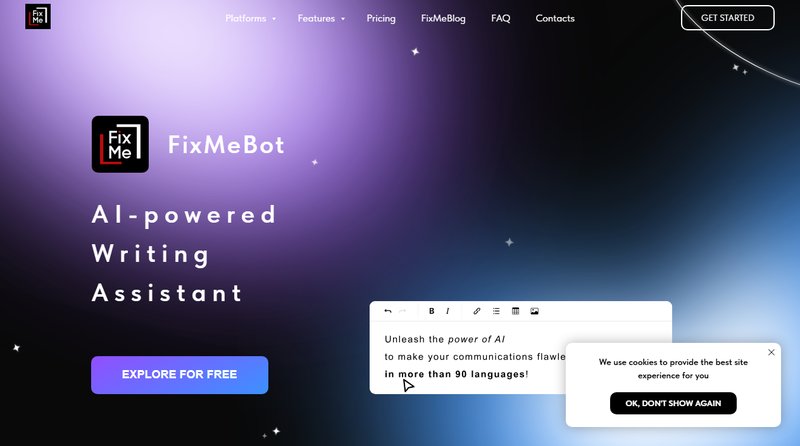 FixMeBot是一款AI写作助手，提供语法纠错、文本改写、翻译等多种功能，支持90多种语言。-SOAI.IM