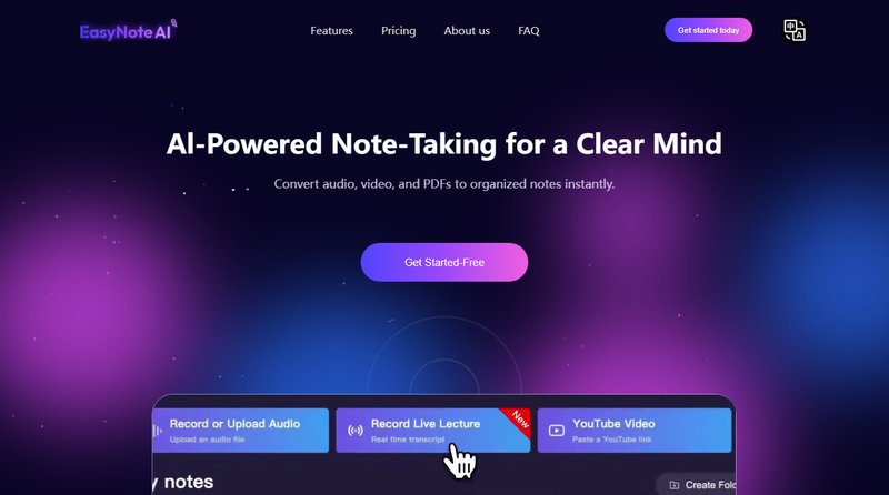 EasyNoteAI 是一款AI驱动的笔记工具，支持将音频、视频和PDF转换为结构化笔记，并提供多种辅助学习功能。-SOAI.IM
