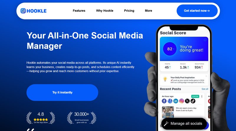 Hookle是一款专为小型企业设计的AI驱动的社交媒体助手，帮助用户自动化管理多个社交媒体平台，生成内容并高效安排发布。-SOAI.IM