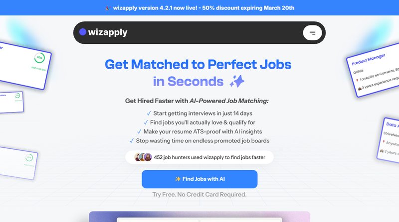 Wizapply是一个AI驱动的职位匹配平台，帮助用户根据简历技能快速找到合适的工作。-SOAI.IM
