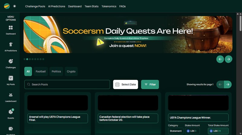 Soccersm是一个基于AI的足球预测和挑战平台，提供多种足球相关预测和挑战活动。-SOAI.IM