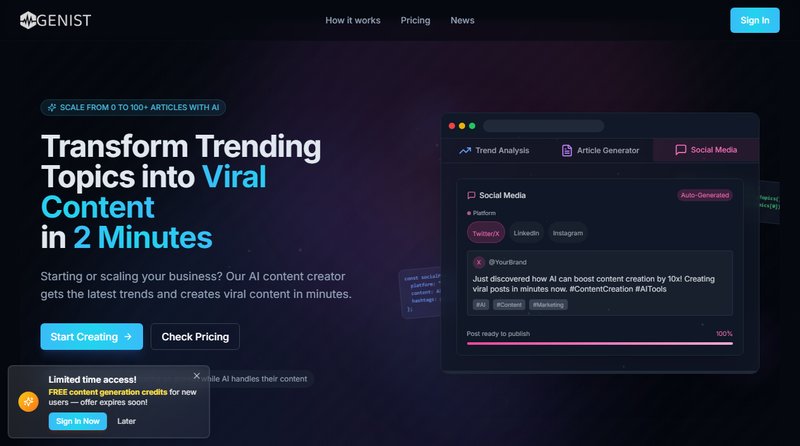 Genist是一个AI驱动的智能内容创作平台，帮助用户快速生成高质量、SEO优化的文章和社交媒体内容。-SOAI.IM