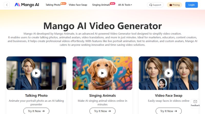 Mango AI 是一个先进的AI视频生成工具，提供多种AI驱动的视频和照片编辑功能，包括人像动画、视频翻译、面部交换等。-SOAI.IM