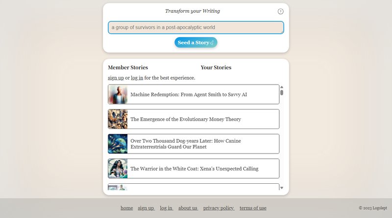 Logolept是一个专注于写作和故事创作的平台，提供故事种子和会员故事分享功能。-SOAI.IM