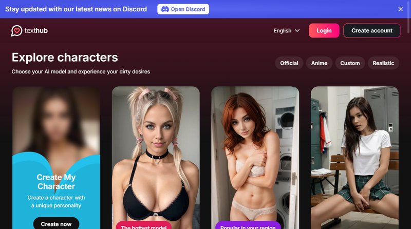 Texthub 是一个提供NSFW AI聊天和AI女友服务的平台，用户可以选择不同的AI模型和角色进行互动。-SOAI.IM