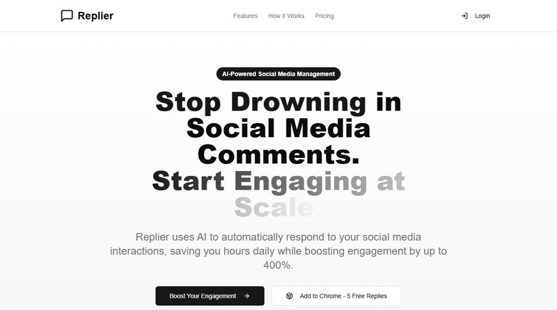 Replier是一款AI驱动的社交媒体评论回复工具，帮助用户自动回复社交媒体互动，节省时间并提升参与度。-SOAI.IM