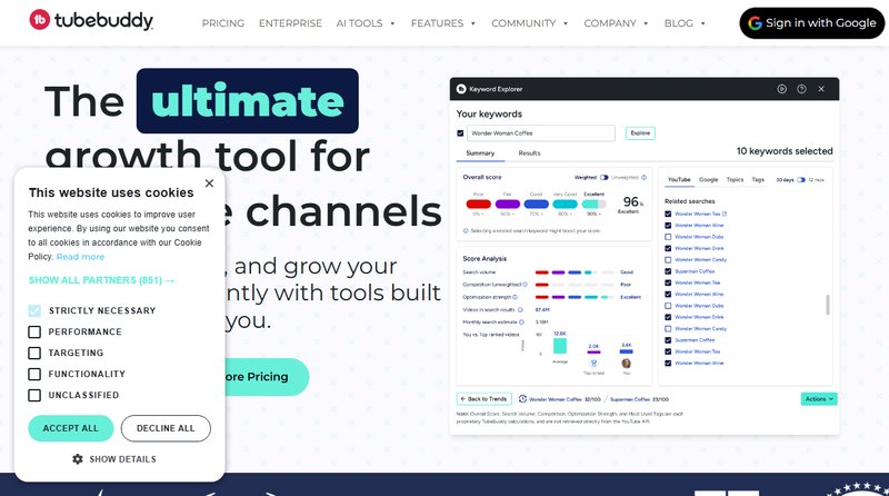 TubeBuddy是一款专为YouTube创作者设计的工具，旨在帮助用户优化频道、提升视频表现和增加订阅者。-SOAI.IM