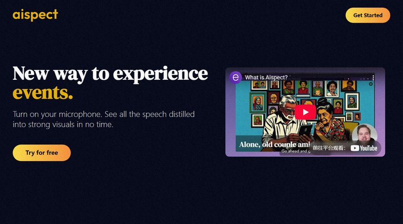 Aispect提供了一种新的方式来体验事件，通过将语音转化为视觉内容，支持30多种语言，并提供灵活的付费模式。-SOAI.IM