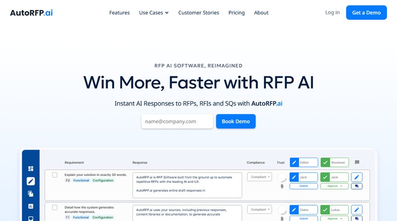 AutoRFP.ai是一款基于AI的RFP（提案请求）软件，旨在自动化处理重复性的RFP、RFI（信息请求）和SQ（安全问卷），帮助用户更快地赢得更多交易。-SOAI.IM