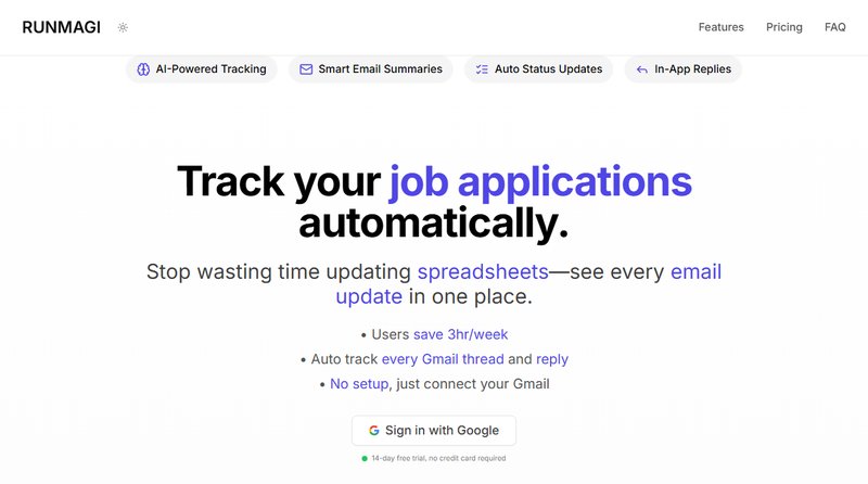 RUNMAGI是一款AI驱动的Gmail求职跟踪器和应用管理器，帮助用户自动跟踪求职申请、智能整理邮件并提供AI摘要，节省时间并减少压力。-SOAI.IM