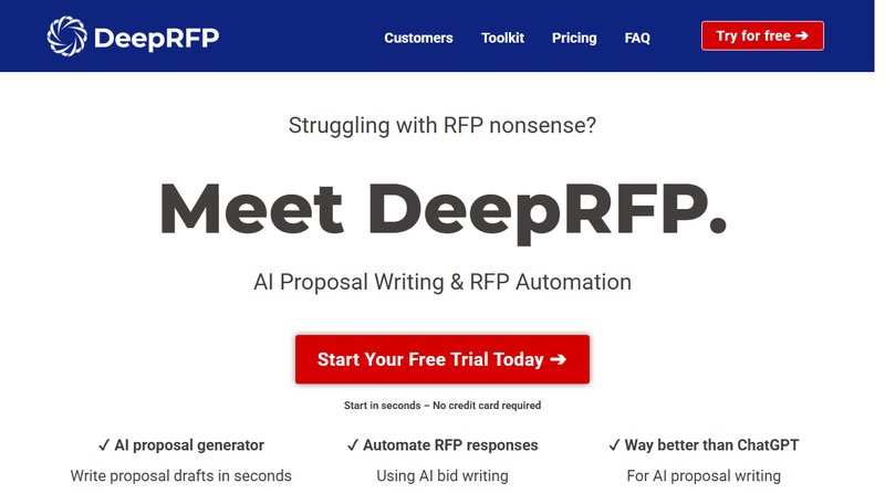 DeepRFP是一个专注于AI提案写作和RFP自动化的平台，旨在帮助用户更快、更好地撰写提案，提高中标率。-SOAI.IM