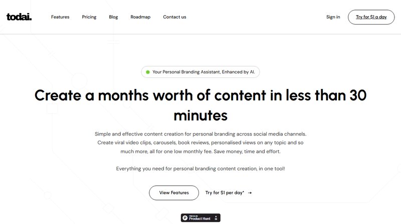 todai是一个基于AI的个人品牌内容创作和发布工具，帮助用户在短时间内创建大量社交媒体内容。-SOAI.IM