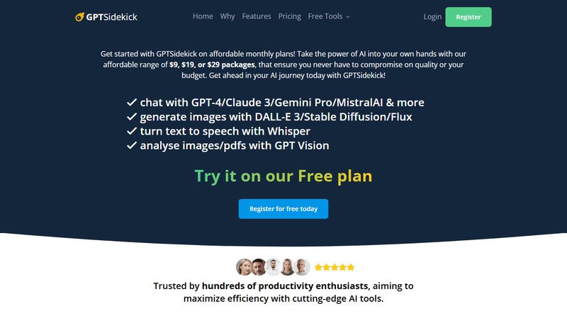 GPTSidekick提供多种AI服务，包括GPT-4、Claude 3、DALL-E 3等模型，支持文本生成、图像生成、语音转换等功能。-SOAI.IM
