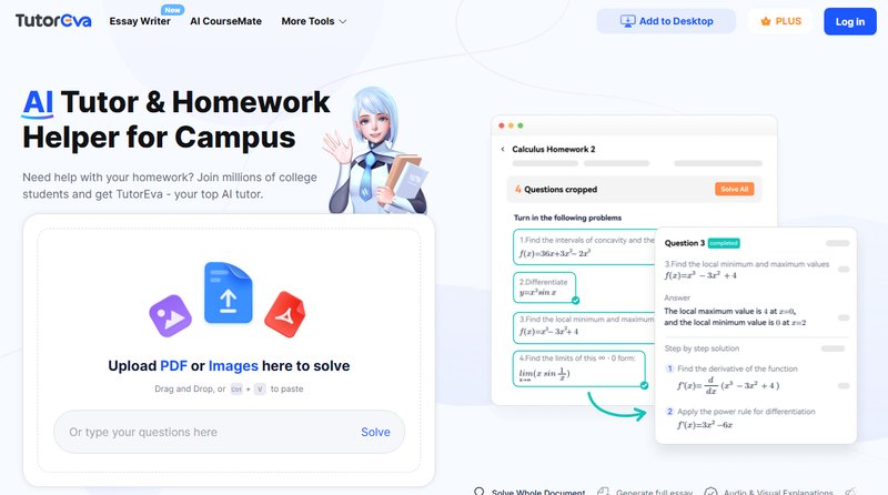 TutorEva是一款面向大学生的AI作业助手和AI导师，提供全面的作业帮助和考试准备服务。-SOAI.IM