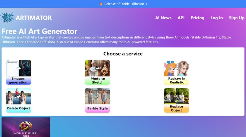 Artimator是一个免费的AI艺术生成器，能够根据文本描述生成不同风格的独特图像，并提供多种AI驱动的功能。-SOAI.IM
