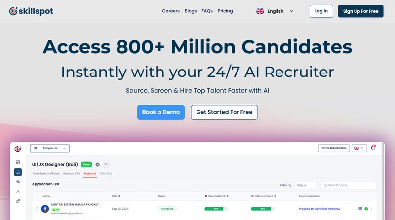 Skillspot是一款AI驱动的招聘软件，帮助企业在全球范围内快速筛选和招聘顶尖人才。-SOAI.IM