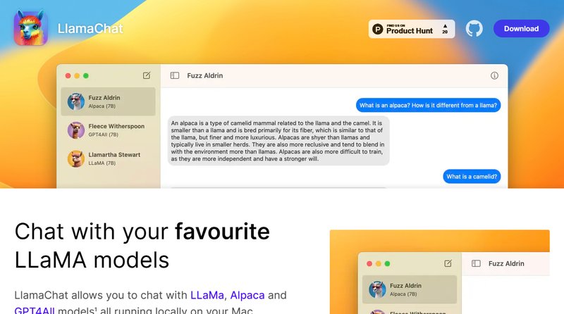LlamaChat 是一款允许用户在本地 Mac 上与 LLaMA、Alpaca 和 GPT4All 模型进行聊天的应用程序。-SOAI.IM