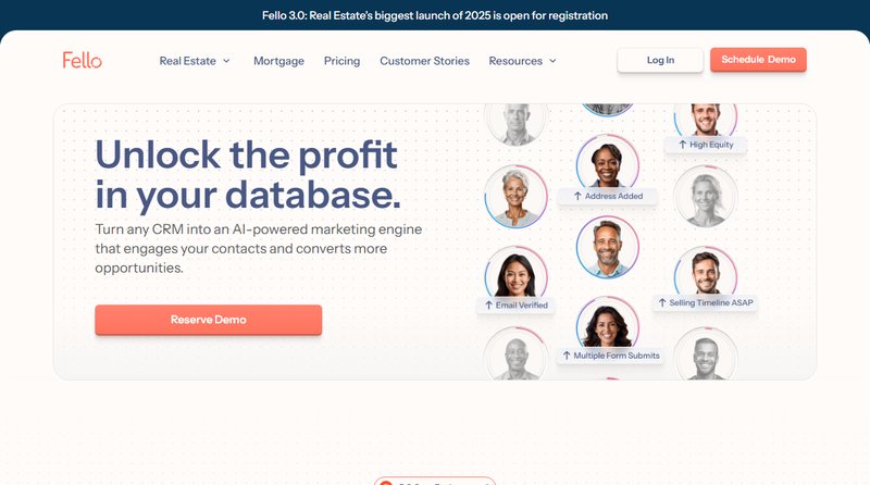 Fello是一个为房地产和抵押贷款专业人士设计的AI驱动营销平台，旨在通过数据丰富、自动化营销和智能转换工具，将客户数据库转化为利润引擎。-SOAI.IM