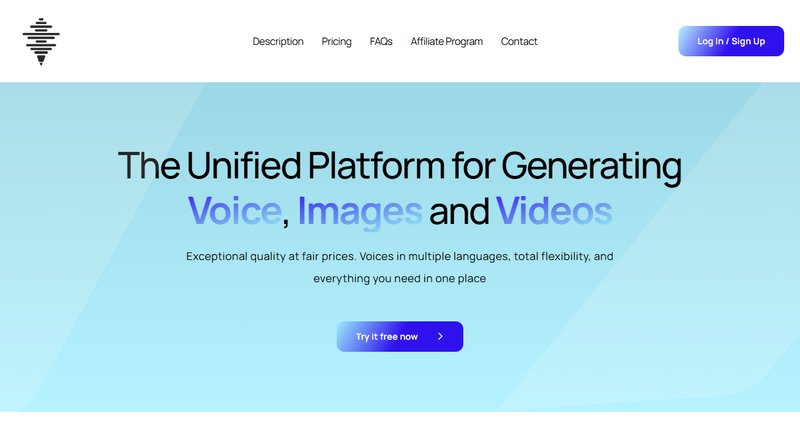 VoiceGen是一个集成了语音、图像和视频生成功能的统一平台，提供高质量的AI生成内容，支持多种语言，采用按需付费模式。-SOAI.IM