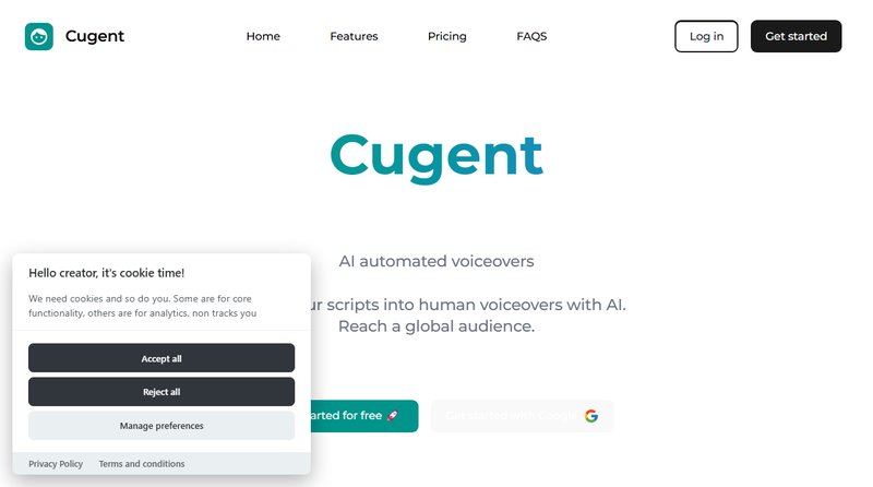 Cugent提供AI自动语音生成服务，支持多语言和语音克隆功能。-SOAI.IM