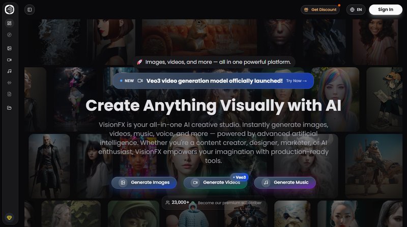 VisionFX是一个多功能的AI创意工作室，提供图像、视频、音乐和语音生成服务。-SOAI.IM