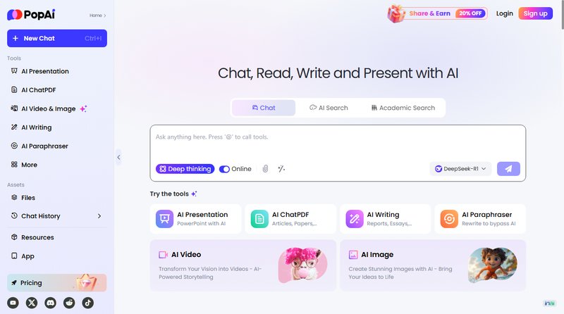 PopAi是一个集成了多种AI功能的平台，包括聊天、阅读、写作和演示等，旨在提升用户的工作效率和创造力。-SOAI.IM