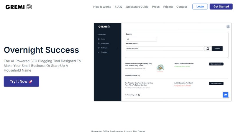 GREMI是一款AI驱动的SEO博客工具，旨在帮助小型企业或初创公司快速提升搜索引擎排名。-SOAI.IM