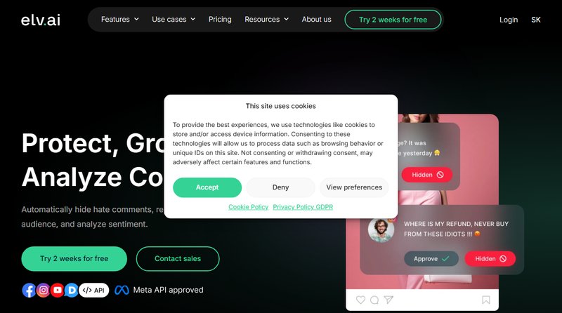 ELV.AI 提供基于AI和人工审核的内容审核服务，帮助品牌和媒体自动隐藏仇恨评论，提升社交媒体互动，并分析用户反馈。-SOAI.IM