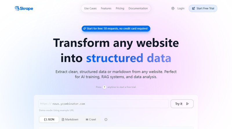 Skrape 是一个强大的网页抓取工具，能够将任何网站转化为结构化数据，适用于AI训练、RAG系统和数据分析。-SOAI.IM