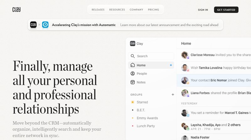 Clay是一个智能关系管理平台，帮助用户自动组织和同步个人及职业关系网络。-SOAI.IM
