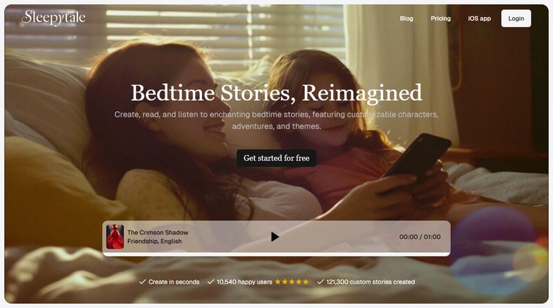 Sleepytale 提供个性化睡前故事创作与聆听服务，支持自定义角色、主题和冒险，并配备逼真的语音叙述。-SOAI.IM