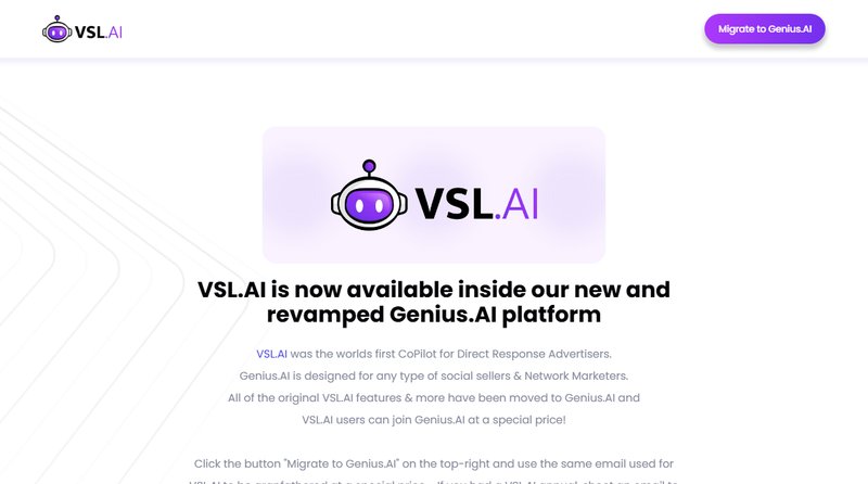 VSL.AI与Genius.AI合并，提供广告创作、品牌建设、销售转化等AI辅助服务。-SOAI.IM