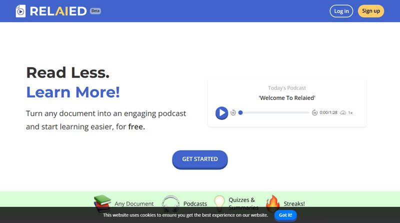 RELAIED是一个将文档转换为播客的学习平台，帮助用户更轻松地吸收信息。-SOAI.IM