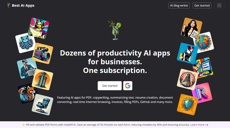 Best AI Apps 提供多种AI应用，涵盖PDF处理、文本摘要、简历创建、文档转换、实时网络浏览、发票生成、PDF填充、GitHub代码审查等多种功能，适用于个人和企业用户。-SOAI.IM