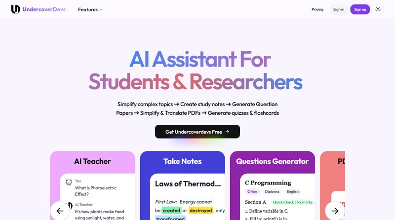 Undercoverdevs是一个面向学生和研究人员的AI助手，提供学习笔记、问题生成、PDF简化与翻译、测验和闪卡生成等功能。-SOAI.IM