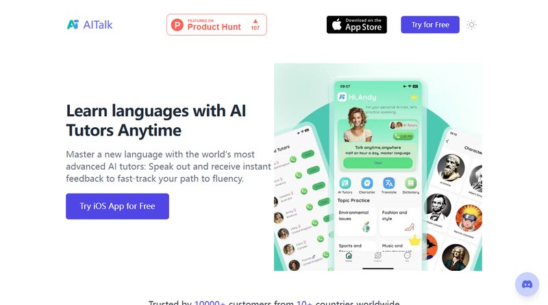 AITalk是一款AI语言学习应用，提供多语言AI导师对话练习、即时反馈和个性化学习体验。-SOAI.IM