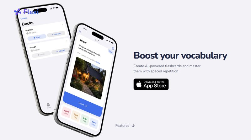 Flexi是一款AI驱动的语言学习应用，提供智能生成词汇卡片和间隔重复学习功能，帮助用户提升词汇量。-SOAI.IM