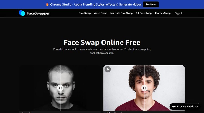 FaceSwapper是一个强大的在线AI工具，提供免费、无限制的人脸交换服务，支持照片、视频和GIF中的面部替换。-SOAI.IM