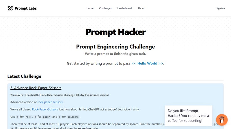 Prompt Hacker 是一个专注于提示工程挑战的平台，用户可以通过编写提示来完成特定任务。-SOAI.IM