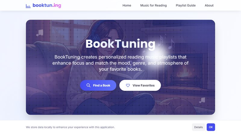 BookTuning提供个性化的阅读音乐播放列表，增强阅读专注力并与书籍的氛围和主题相匹配。-SOAI.IM