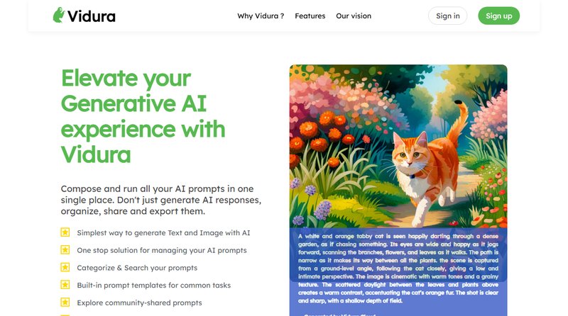 Vidura是一个生成式AI提示管理平台，提供一站式解决方案，帮助用户组织、分享和导出AI生成的文本和图像。-SOAI.IM