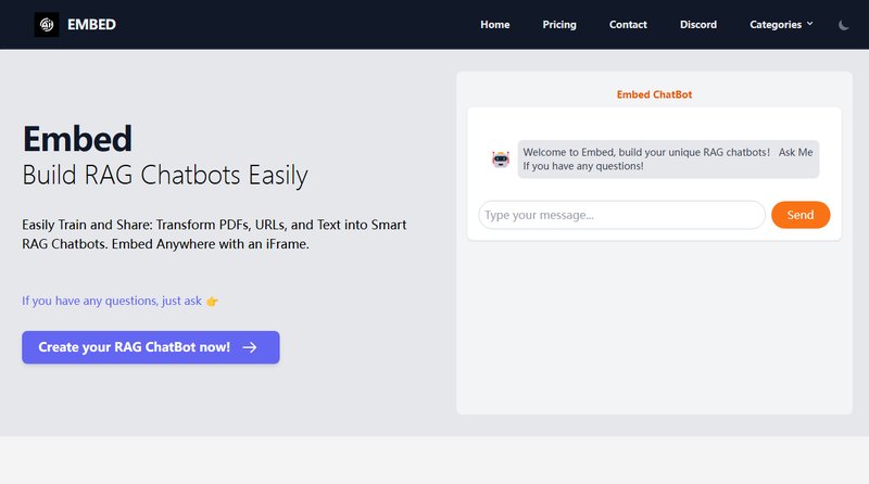 Embed 提供将PDF、URL和文本转换为智能RAG聊天机器人的服务，并支持通过iFrame嵌入到任何地方。-SOAI.IM