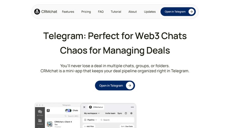 CRMchat是一款专为Telegram设计的CRM工具，帮助用户管理聊天、任务和潜在客户，提升团队协作效率。-SOAI.IM