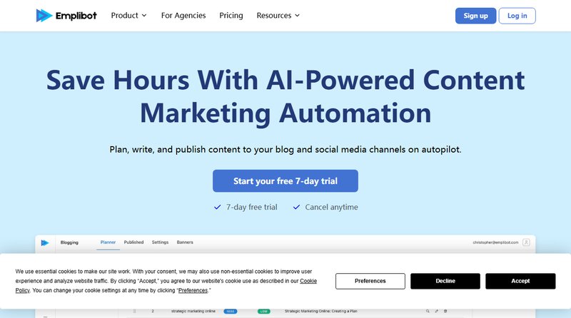 Emplibot提供AI驱动的内容营销自动化服务，帮助用户自动化内容规划、撰写和发布，节省时间并提升效率。-SOAI.IM