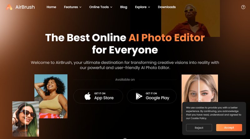 AirBrush是一款免费的在线AI照片编辑器，提供即时且轻松的照片编辑功能。-SOAI.IM