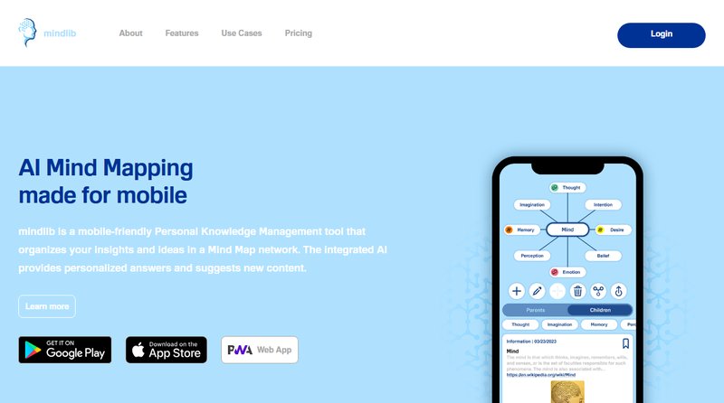 mindlib是一款移动友好的个人知识管理工具，通过AI思维导图帮助用户组织和扩展知识。-SOAI.IM