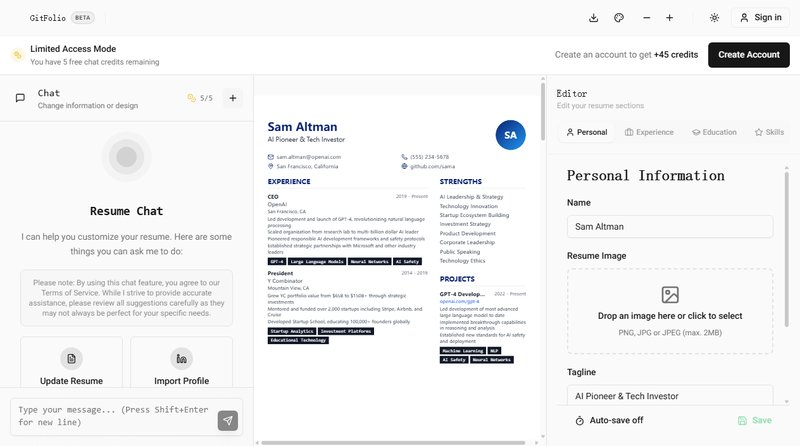 GitFolio是一个AI驱动的简历构建工具，帮助用户创建和定制简历。-SOAI.IM